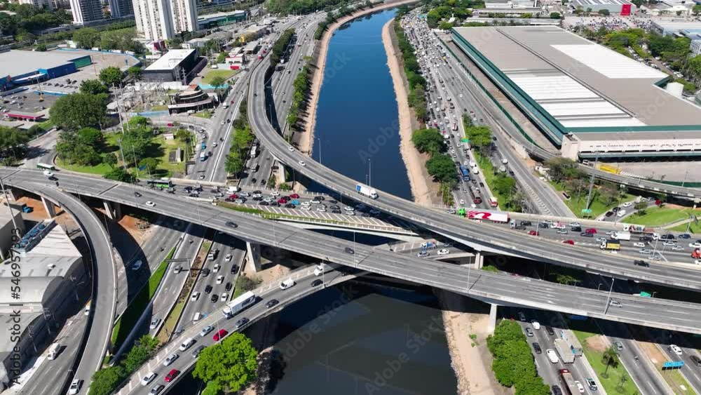 Cityscape of traffic jam at highway road landmark of Sao Paulo Brazil ...