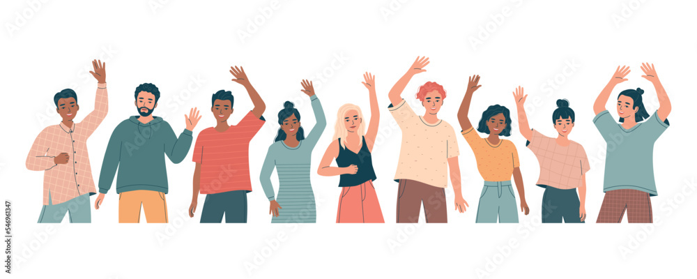 Group of diverse friendly young men and women with hands raised in ...