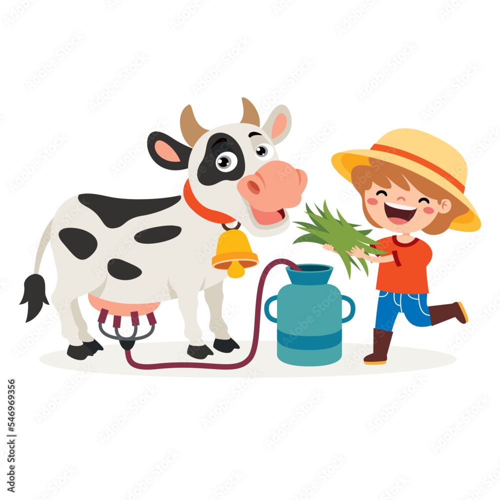 Cartoon Illustration Of A Kid Milking Stock Vector | Adobe Stock