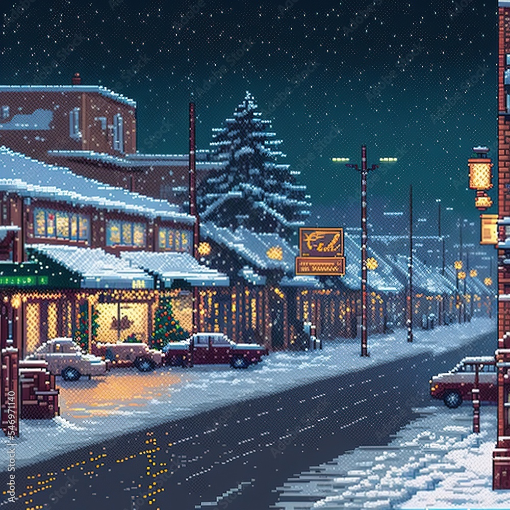 Pixel Christmas snow evening on a old cozy city street. Snowfall. Warm ...