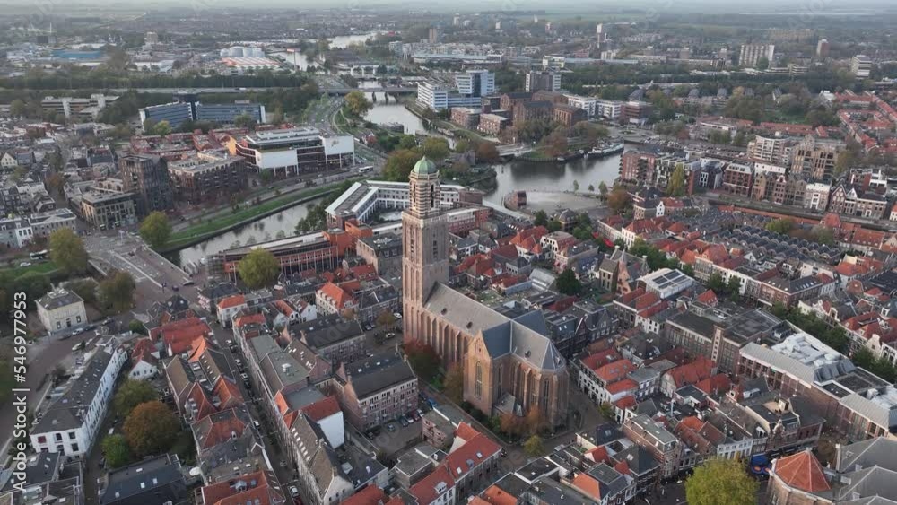 Zwolle old historic city center and city walls overhead skyline. Canal ...