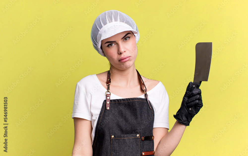 feeling sad and whiney with an unhappy look and crying. butcher with a ...