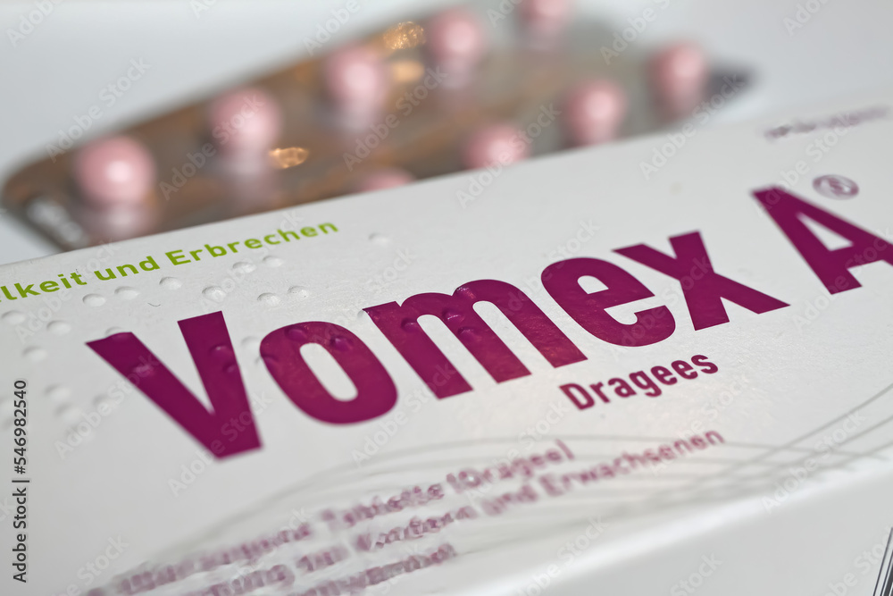 Viersen, Germany - June 9. 2022: Closeup of packet Vomex dragees ...