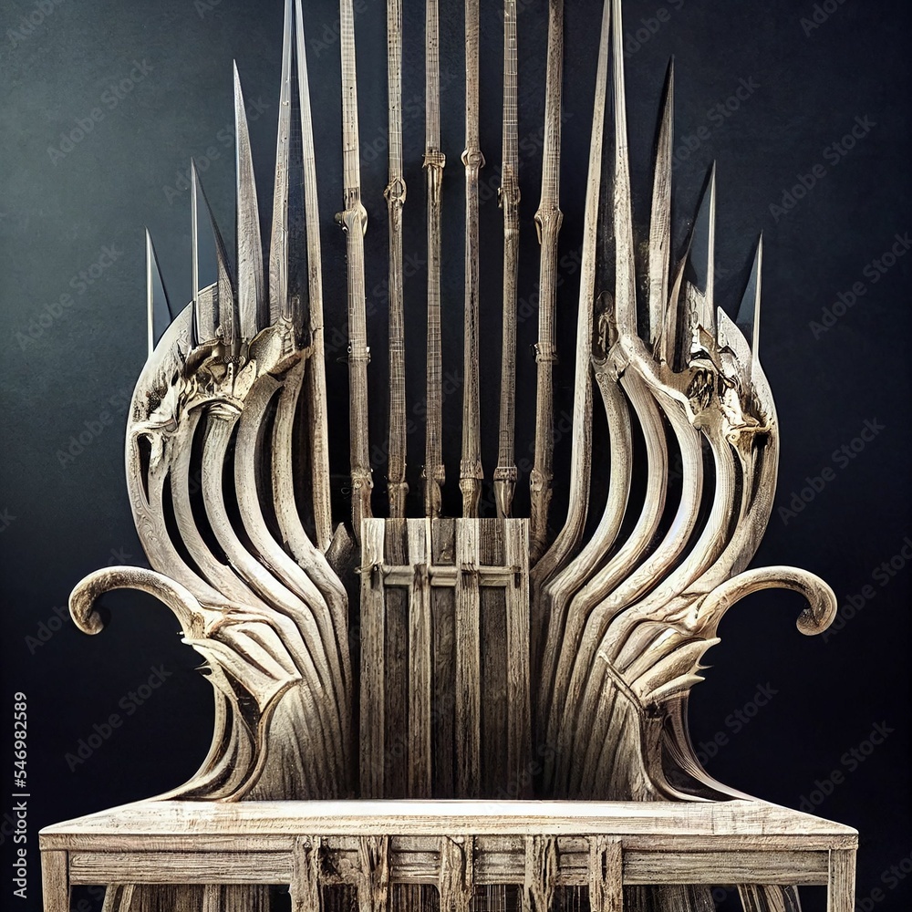 3D illustration of an iron throne with sharp edges and curly patterns ...