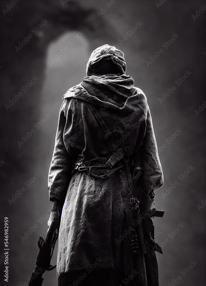 Bleak back view photo of solider in the Middle East with guns. Walking ...