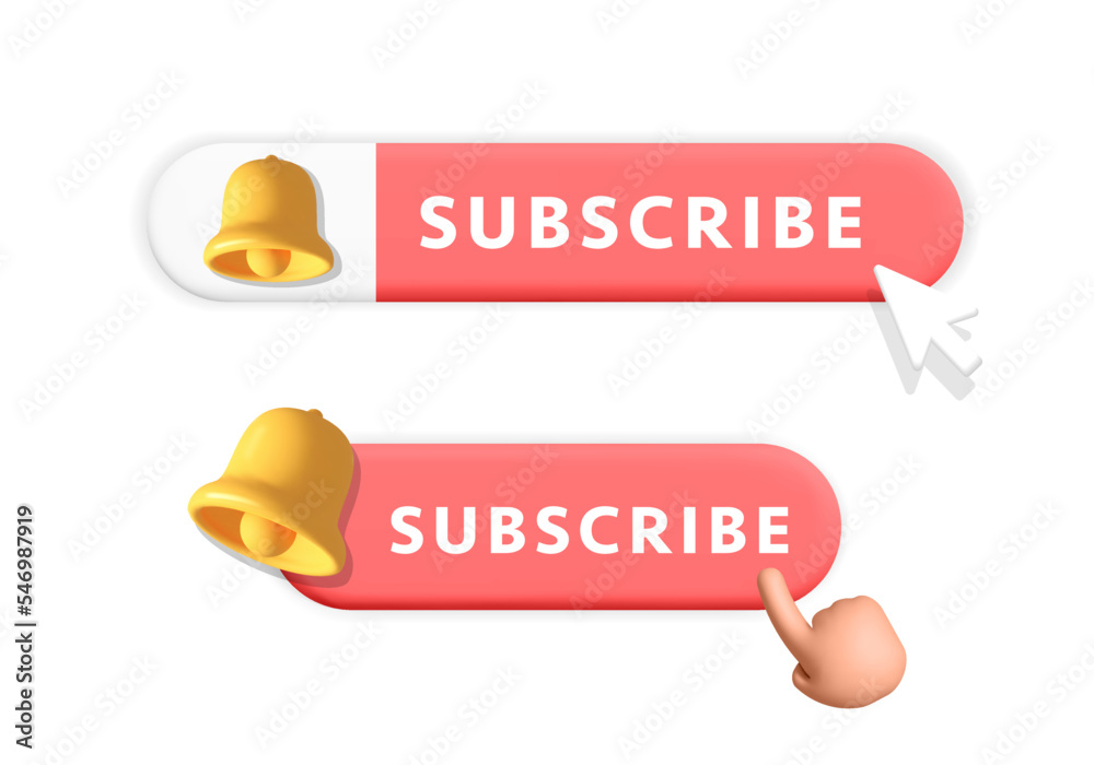 3d vector set of red subscribe button with bell reminder symbol and hand or mouse cursor pointer ...
