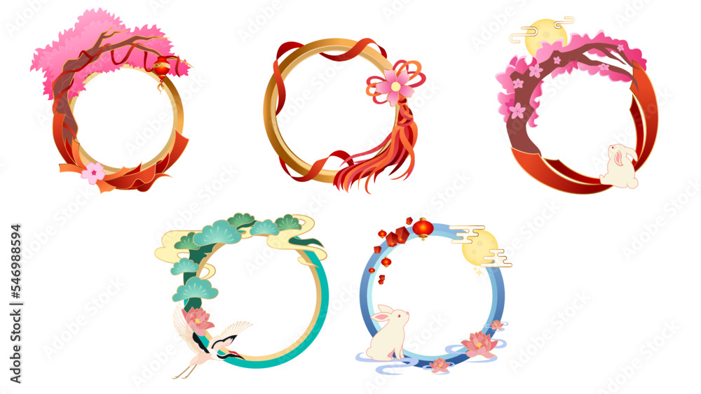 Set of round Asian frame. Vector illustration on white background ...