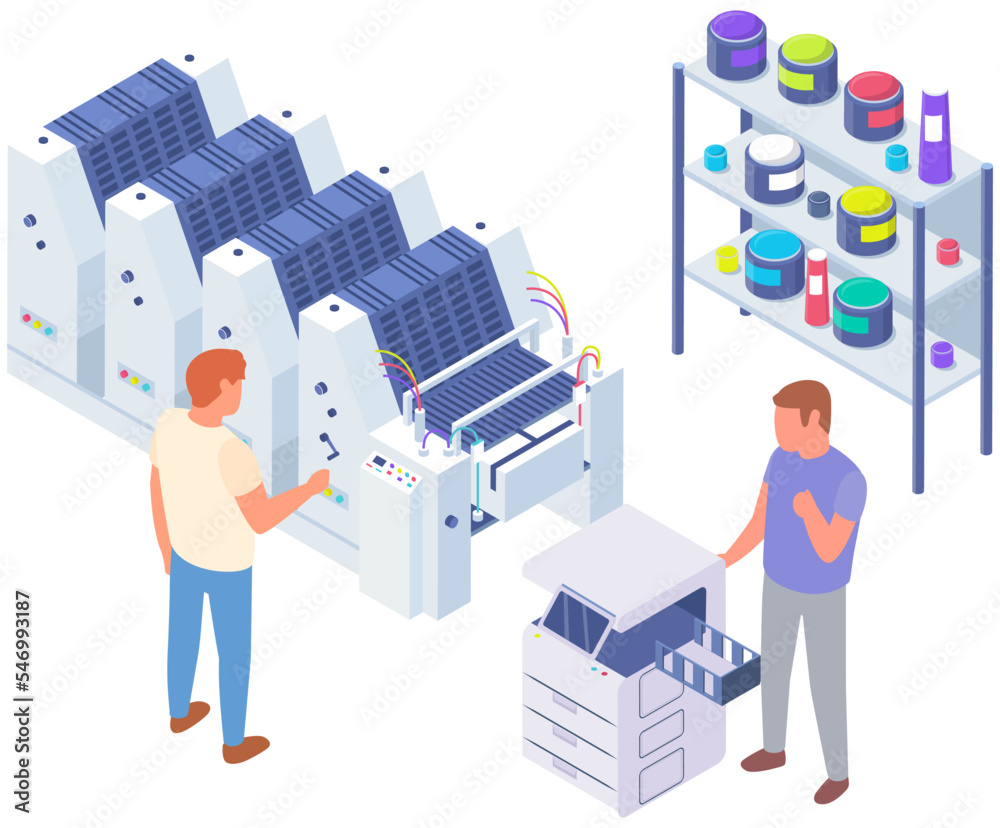 Isometric factory printer. People working with equipment and shelving ...