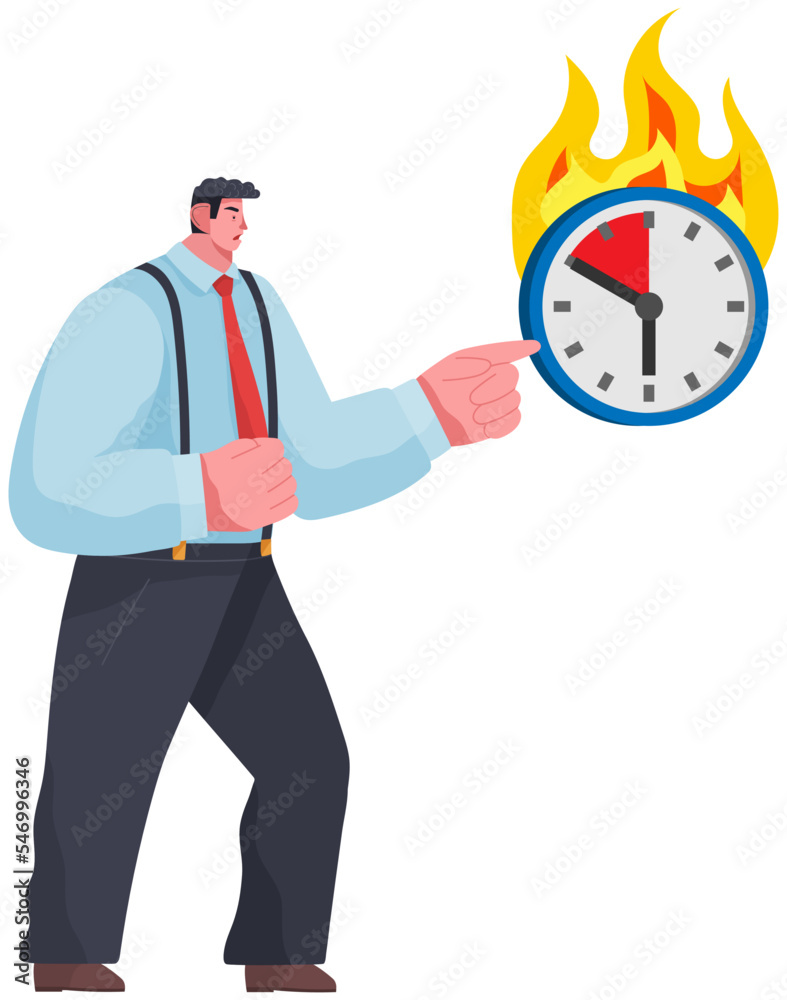 Angry businessman pointing at clock on wall and showing that employee ...