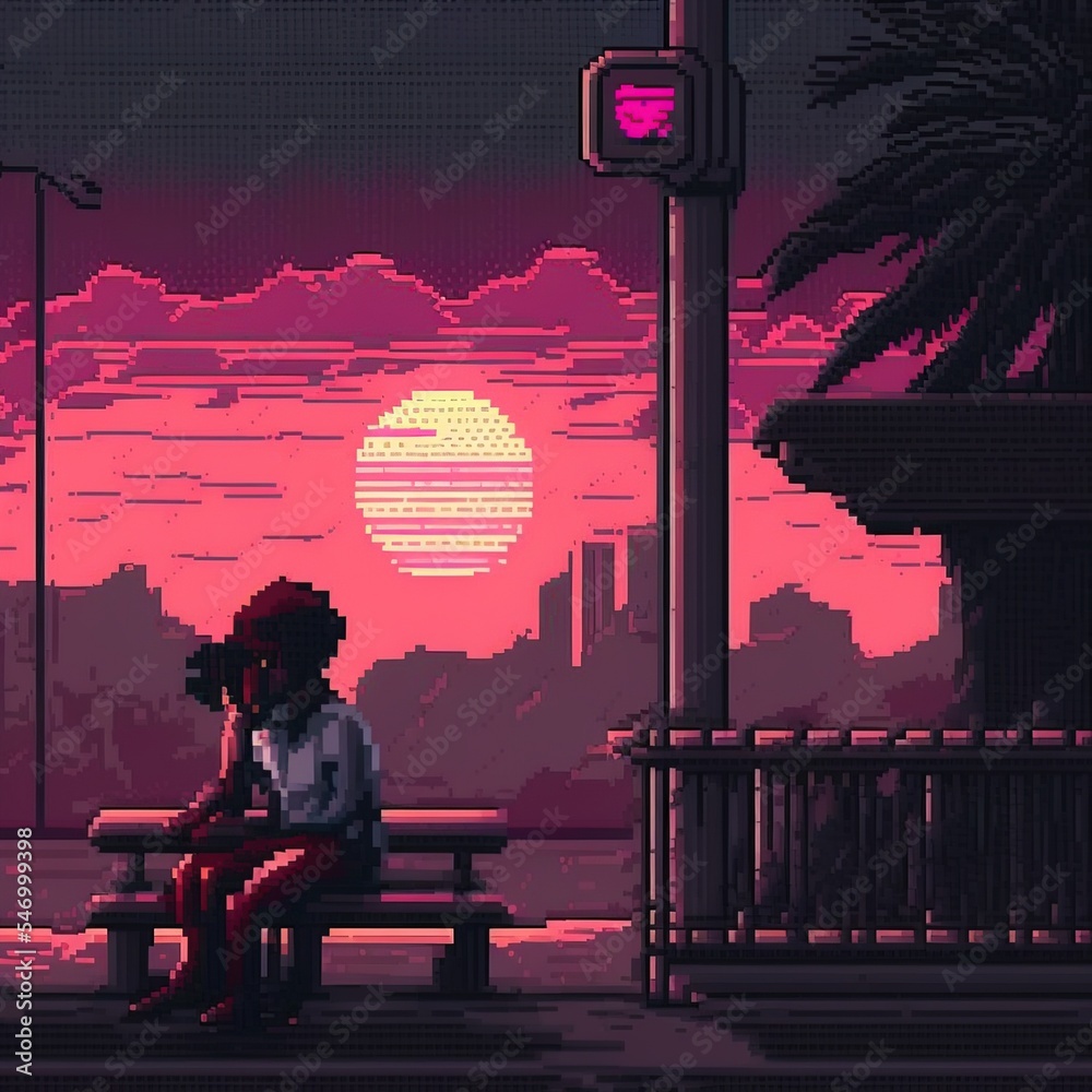 Pixel romantic evening cityscape. Pixelated Valentine's Day card in ...