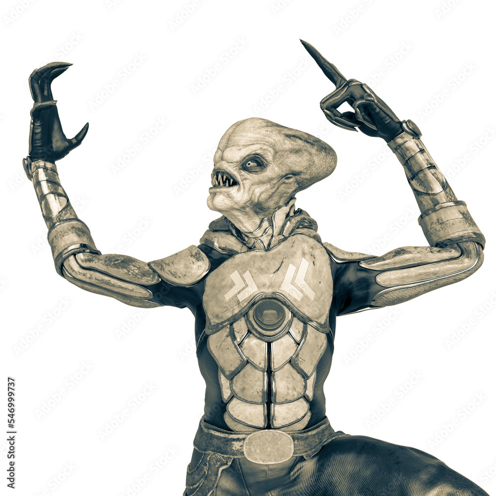 official alien on a sci-fi outfit holping scene in a white background ...