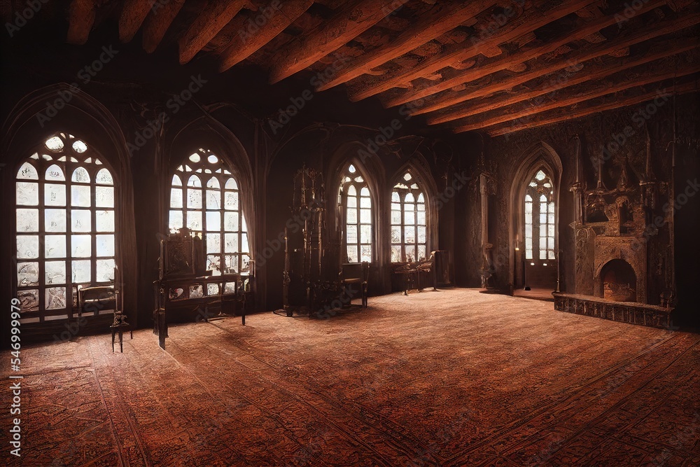Big ancient hall with windows as medieval castle or palace interior ...