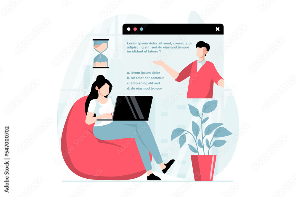 Online survey concept with people scene in flat design. Woman listening ...