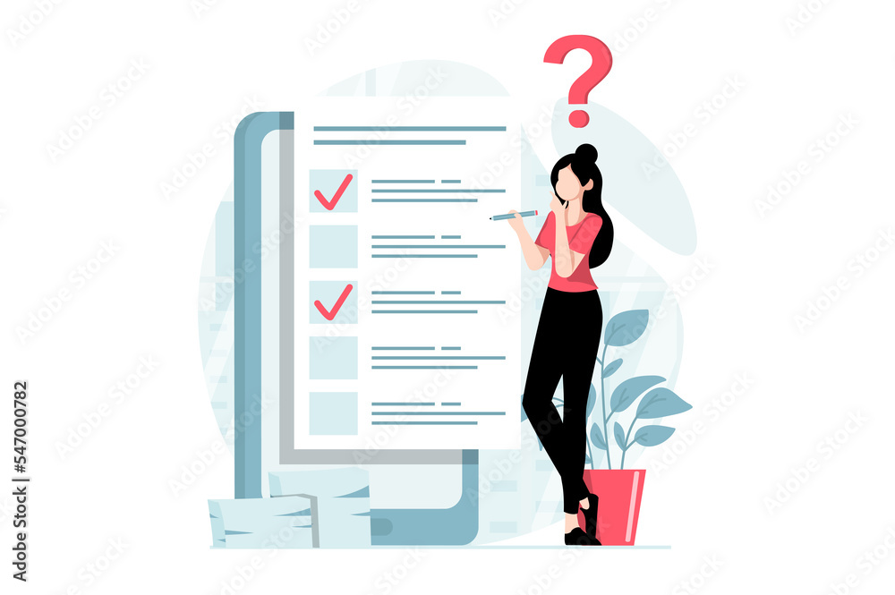 Online survey concept with people scene in flat design. Woman thinking ...