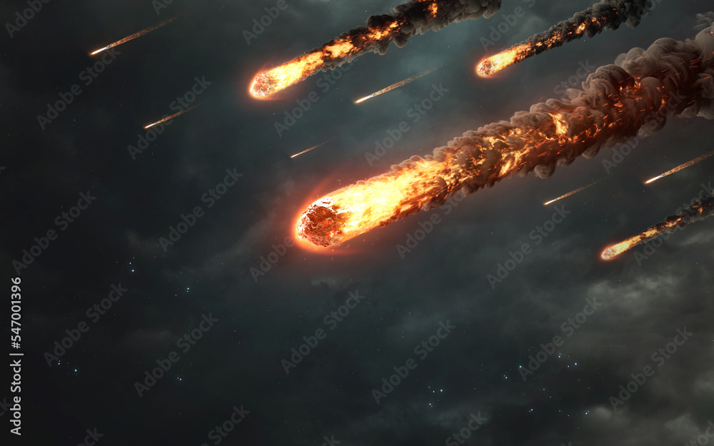 3D illustration of Burning meteors shower in deep space. Asteroid field ...