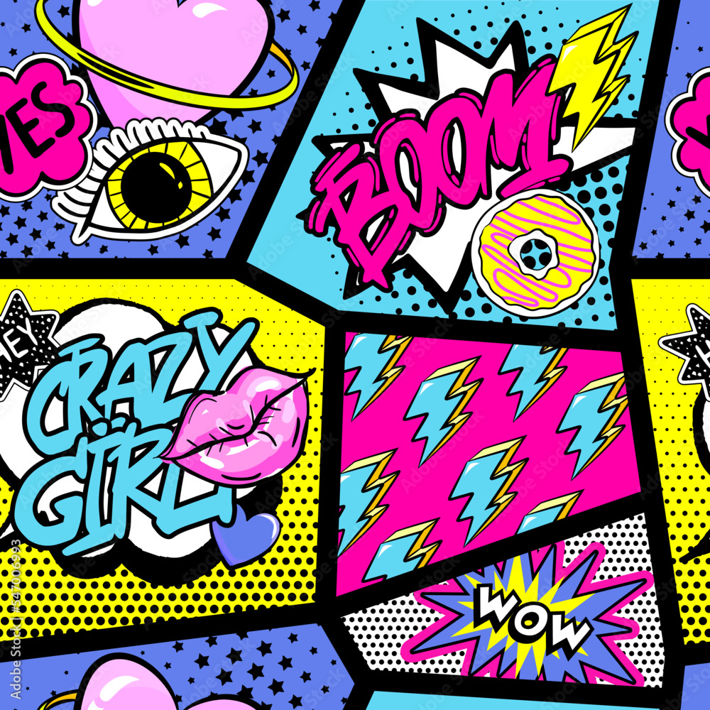 Fashion abstract seamless pattern with patch, stickers, dots and words ...