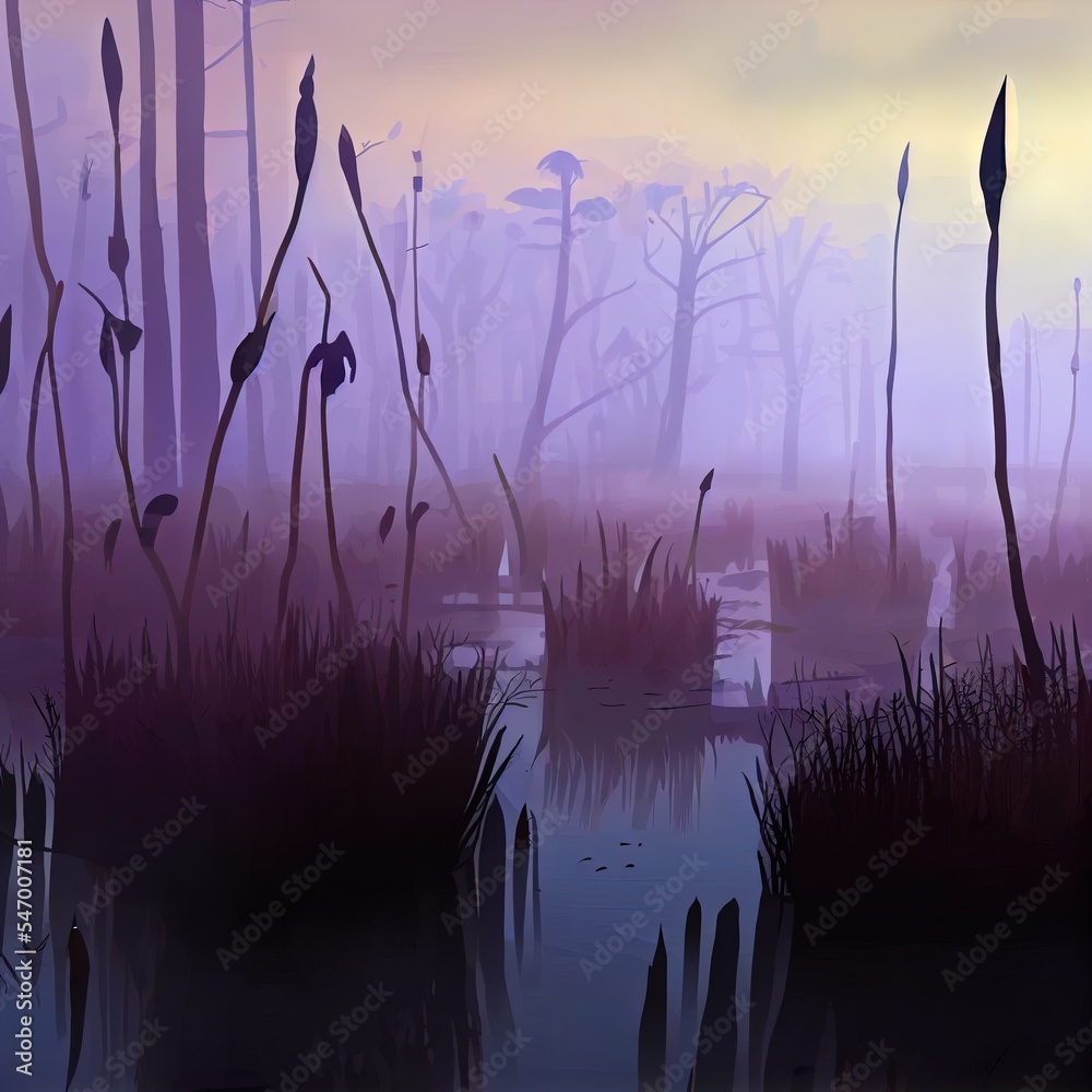 Dark swamp landscape with dead trees in fog around plants, terrible ...