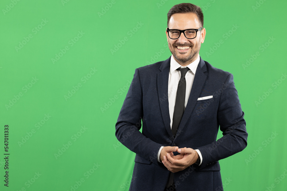 Young formal dressed buisness man, showing different emotions on green ...