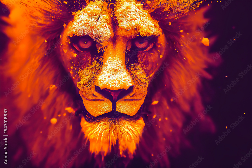 Close-up on the face of a male lion covered with orange powder. Black ...