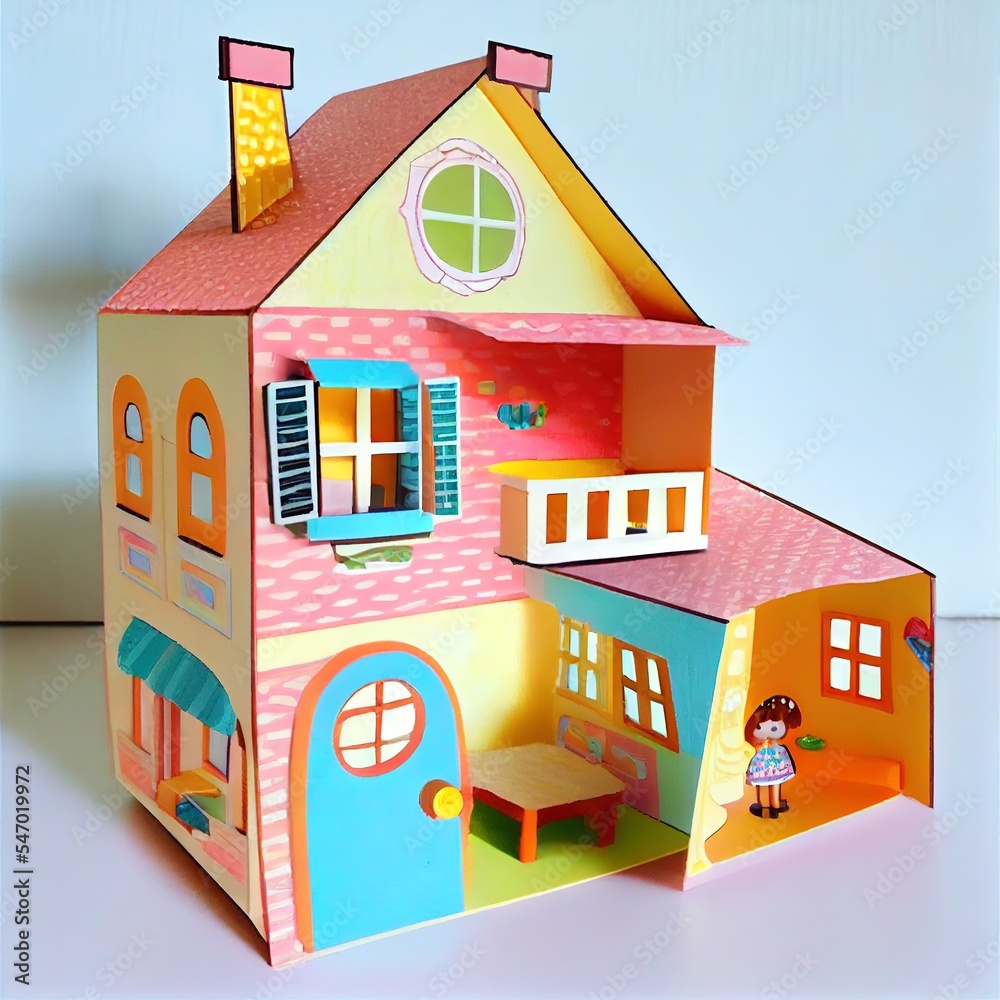 Kids craft paper house. Cut and glue cartoon 3D toy doll house. Stock ...