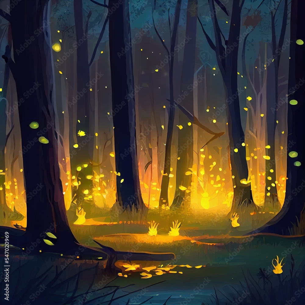 Fireflies, night forest landscape. Digital painting, 4k, high quality. Insects in forest at ...