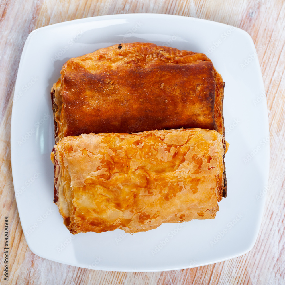 Crisp napolitana from puff pastry filled with minced meat and cheese ...