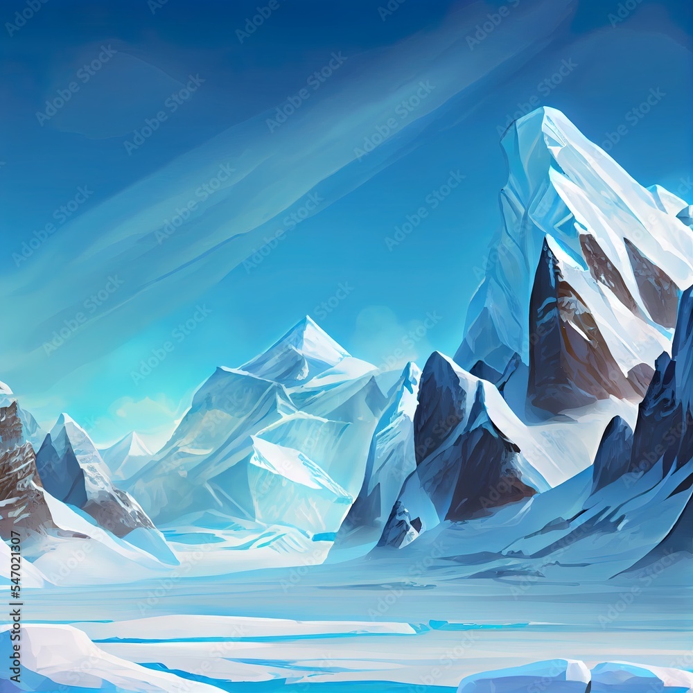 Cold Ice Mountains with White Snow and Clear Blue Sky. Fantasy Backdrop ...