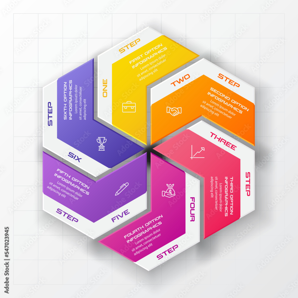 Hexagon infographics template with 6 options in white color background ...