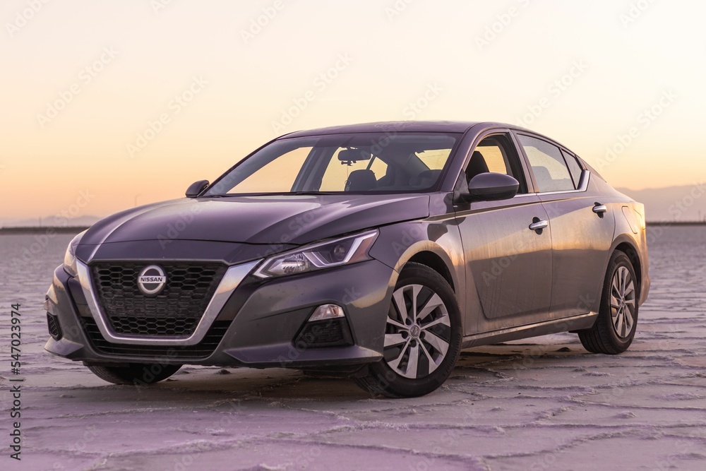 Brand new gray Nissan Altima 2.5 SR on the Bonneville Salt Flats, Utah ...