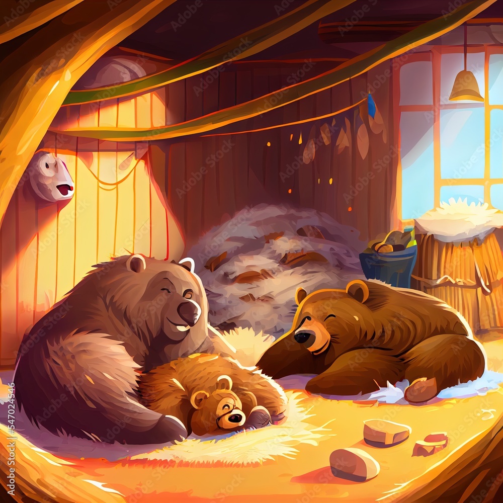 Hibernating brown bears in the den. Sleeping grizzly family lying on a ...
