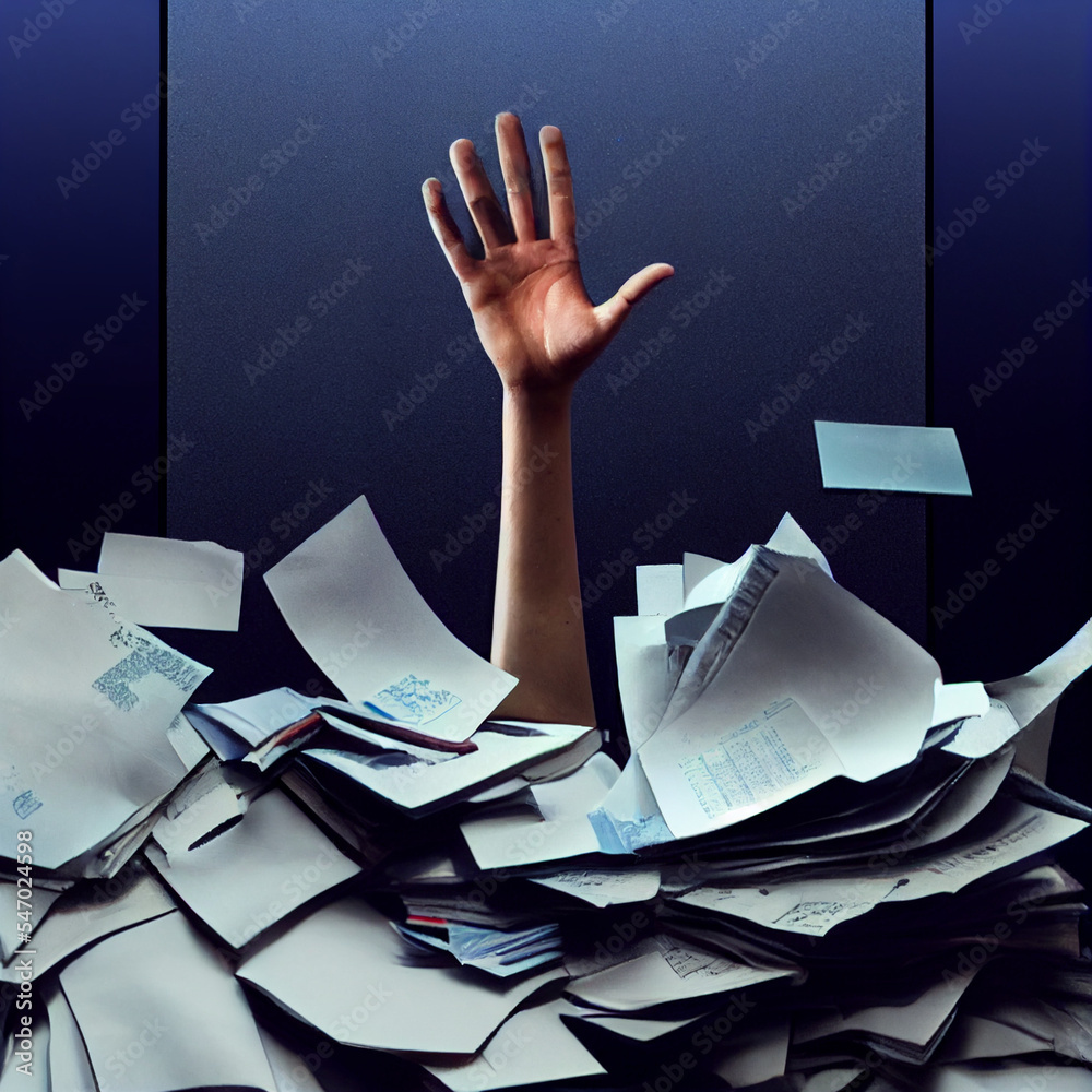 Hand Reaching Out From Pile Of Papers | Drowning in Paperwork ...