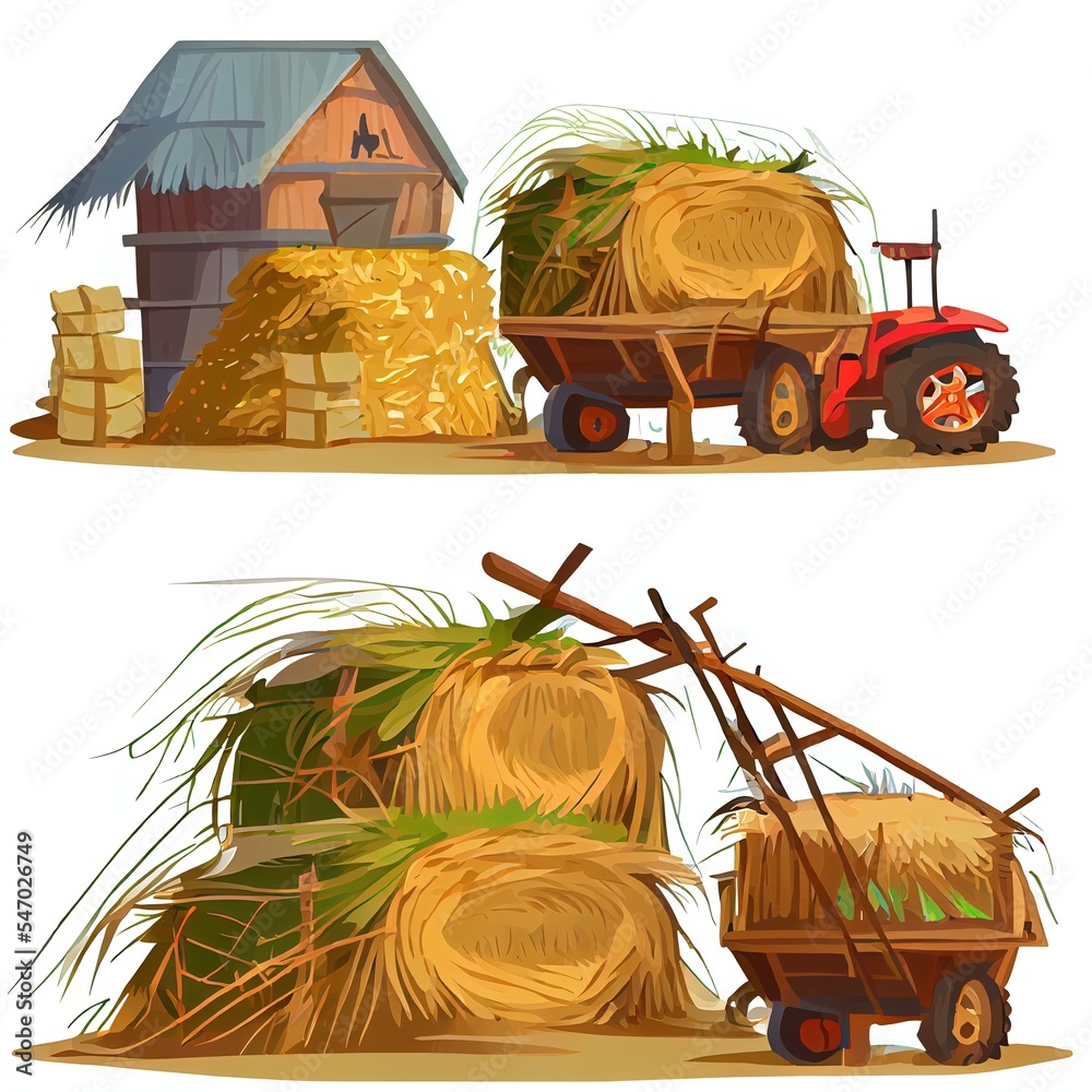 Cartoon haystack, agricultural hay heaps, hay in wheelbarrow and canvas ...