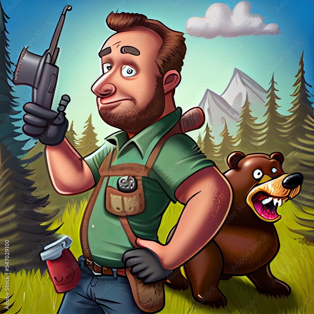 cartoon man hunting and a bear tapping on his shoulder Stock ...