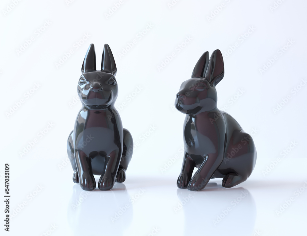 3d Black rabbit figurine on white background. Porcelain black bunny ...