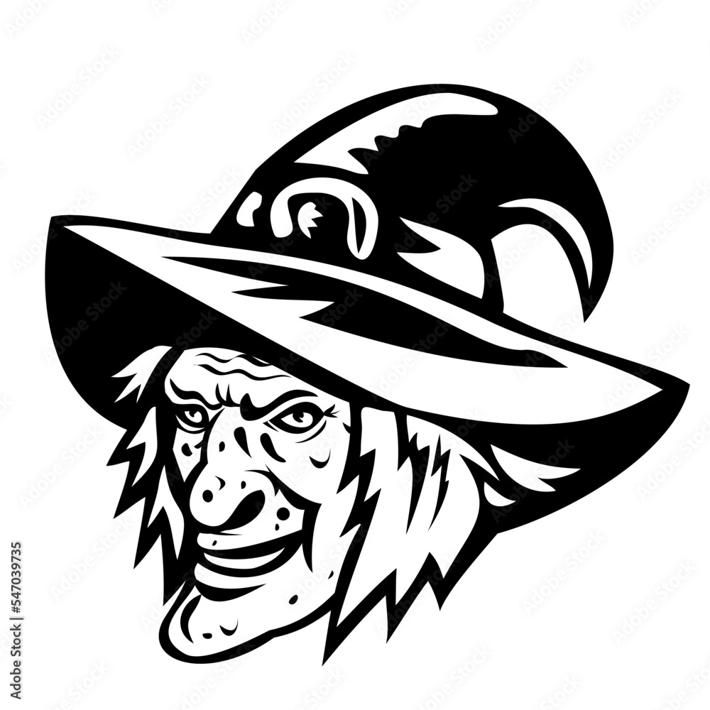 Mascot illustration of head of a witch, sorceress, sorcerer, warlock ...