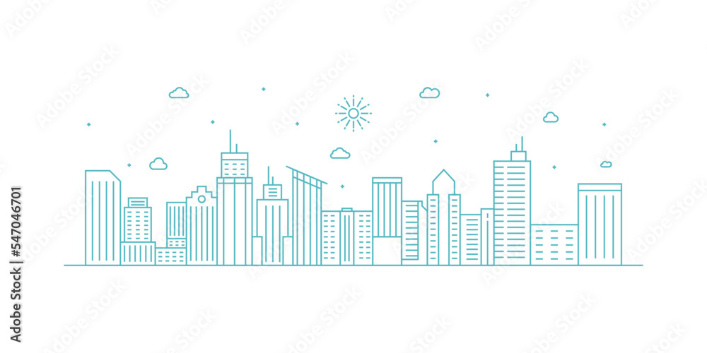 Cityscape. Modern flat line landscape vector. City landscape line art ...