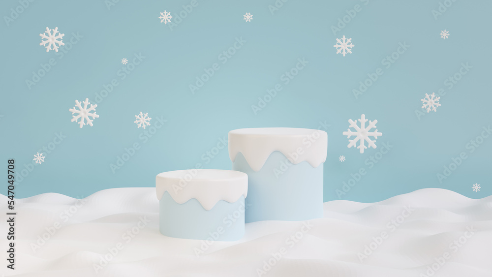 3d rendering snow stage podium with snowflake falling on blue ...