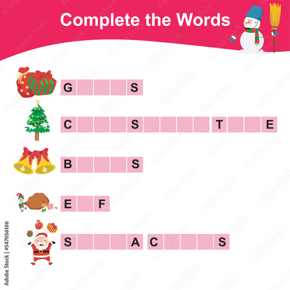 Complete the missing words. Christmas items vocabulary. Worksheet for preschool. Writing ...