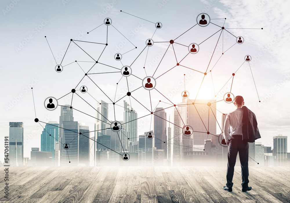 Social connection concept drawn on screen as symbol for teamwork and ...