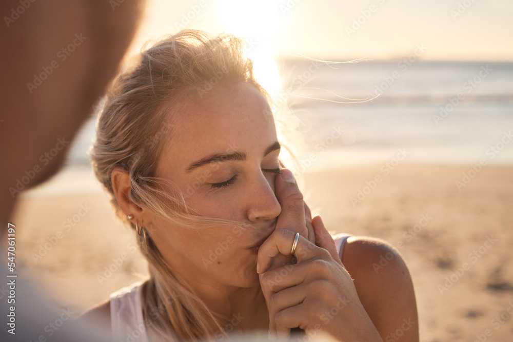 Couple, love and kiss hand at beach during sunset, travel and romance ...