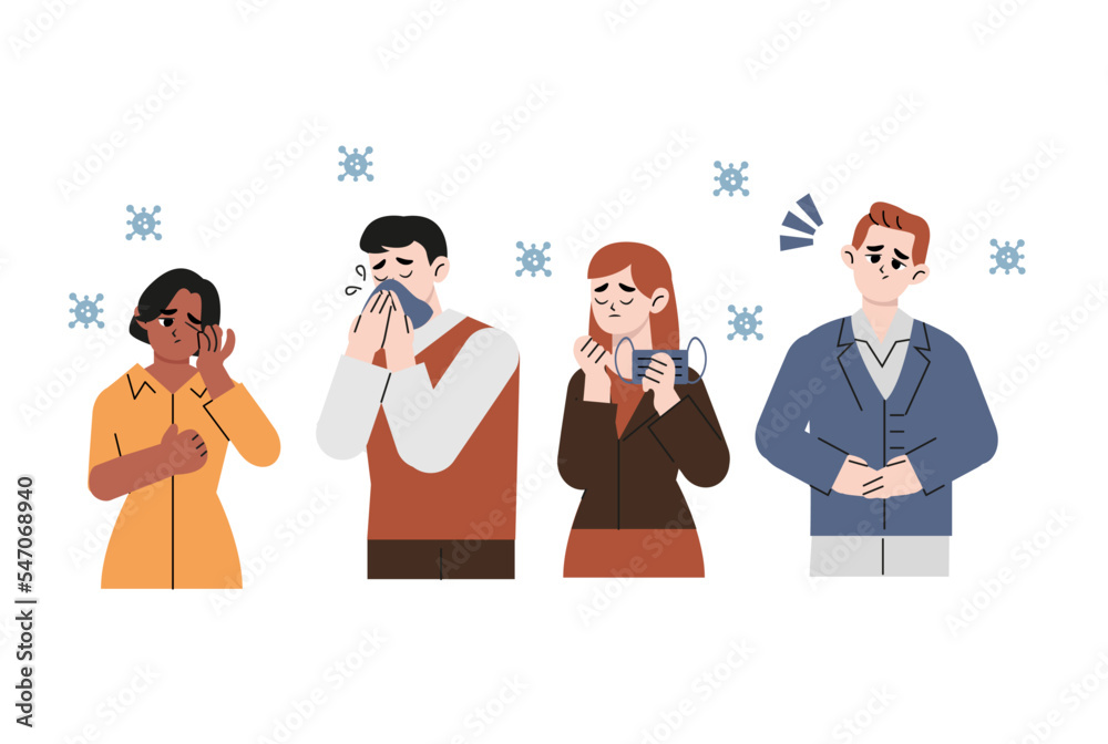 Set of people with sick symptoms ; feeling unwell, having cold ...