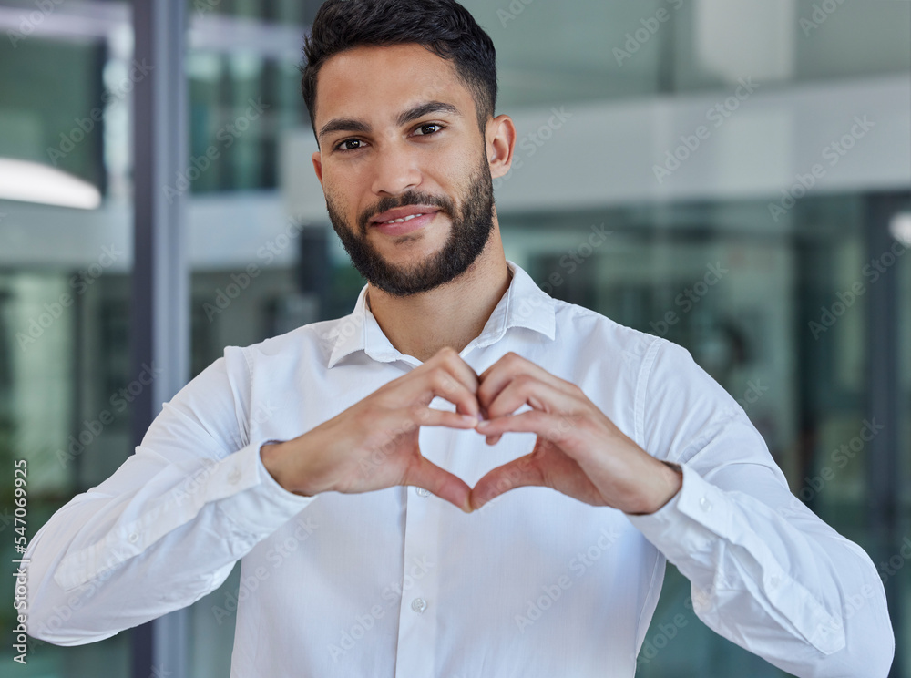 Business man, heart emoji and smile of CEO, boss or leader for charity ...