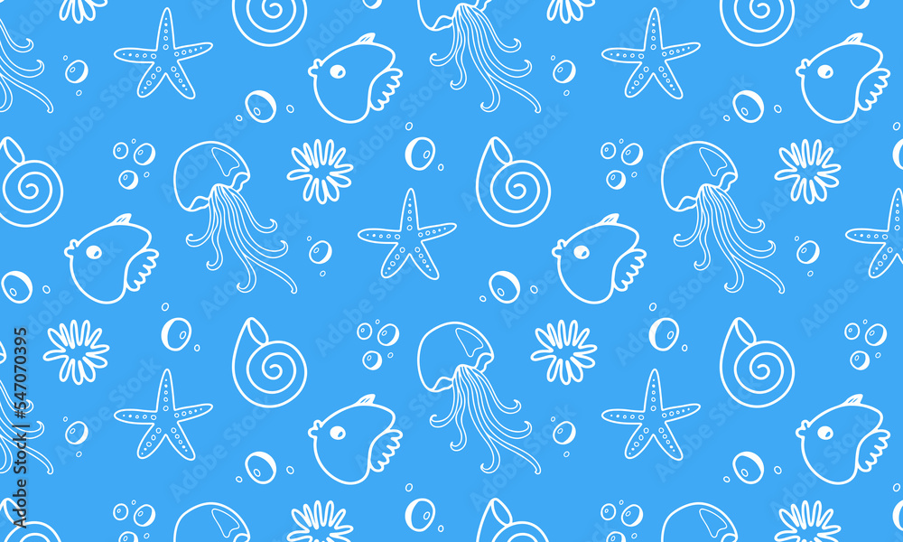 Cute childish marine pattern with fish, starfish, jellyfish and shells ...