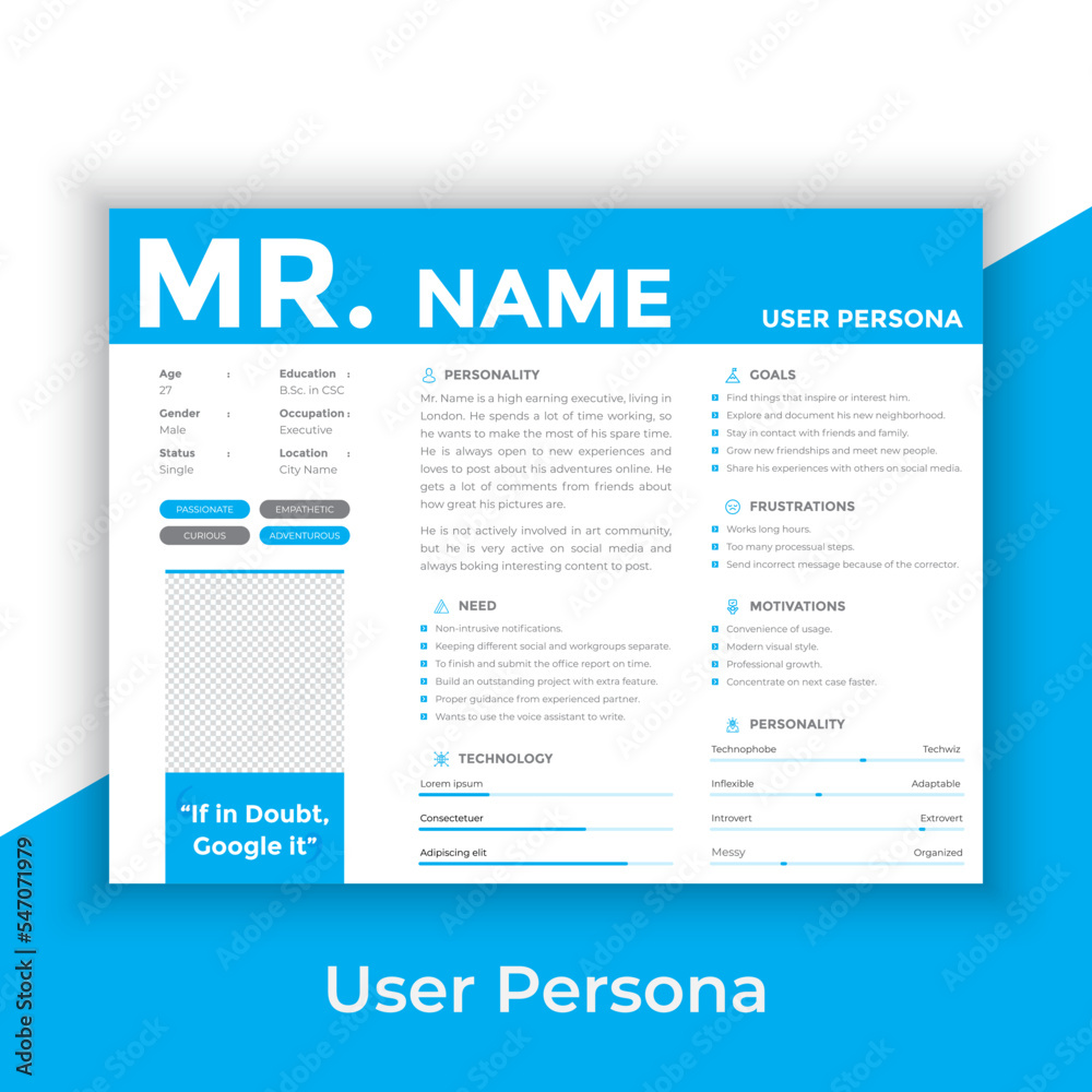 User Persona Document Template Vector Illustration. Examples of User ...