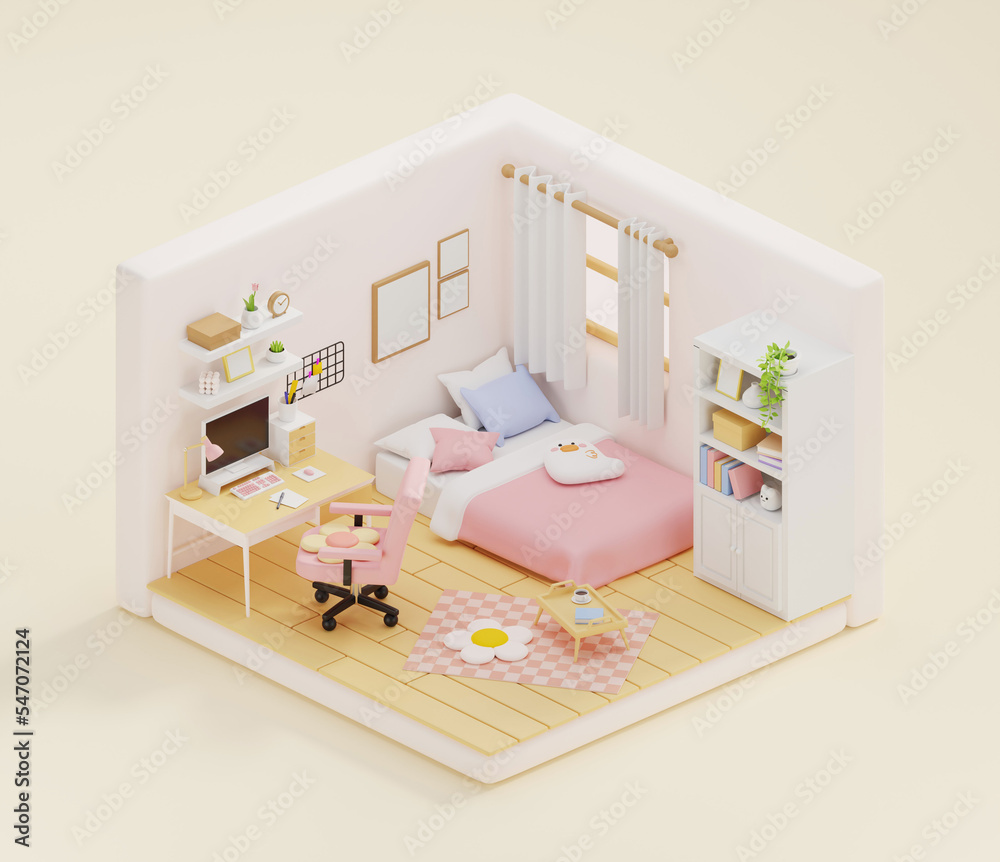 3D isometric cute bedroom interior, bed, white walls, wooden floor. 3d ...