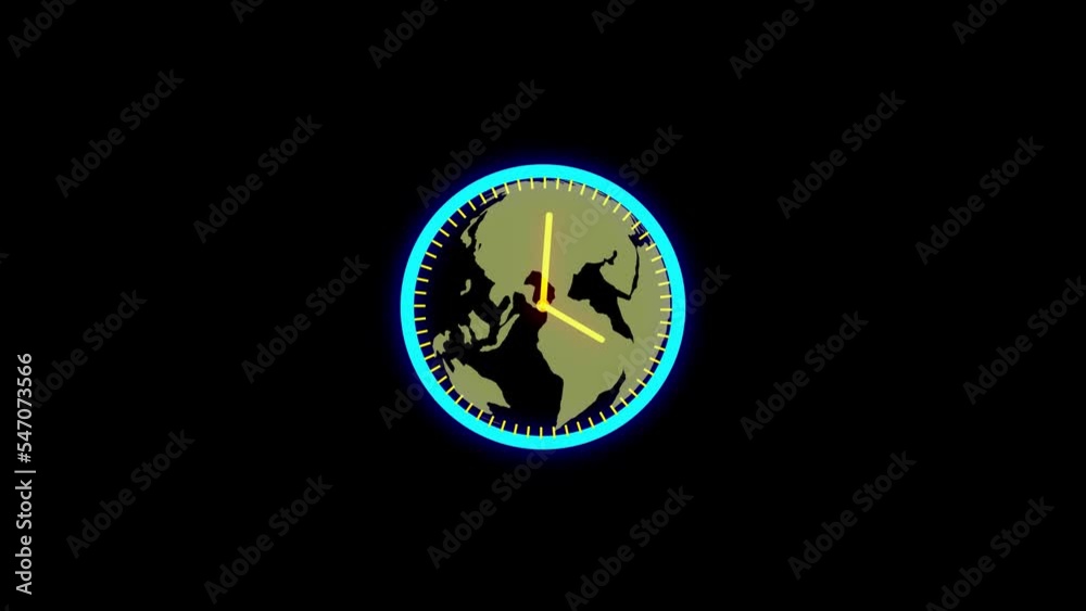earth clock. clock abstract cyan color digital clock animation on black ...