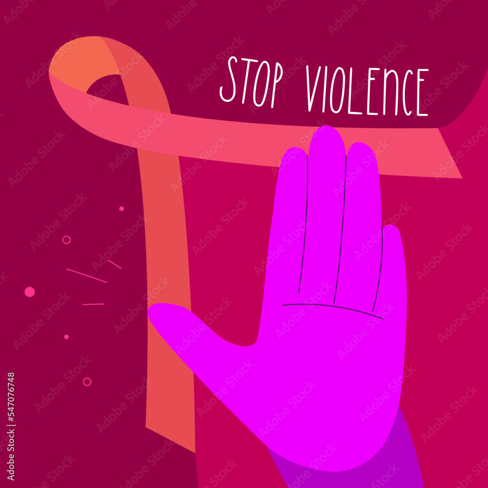 Vector illustration with woman hand, orange ribbon STOP gender violence ...