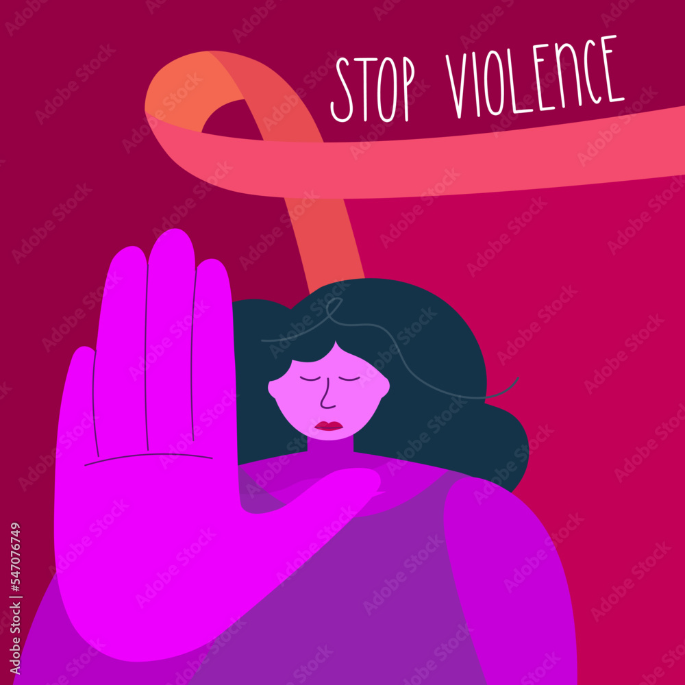 STOP gender violenc vector illustration. Women want to stop violenc, orange ribbon. Female body ...