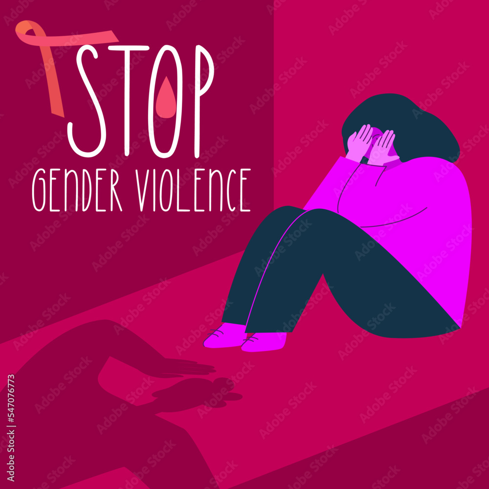 Vector illustration with orange ribbon STOP gender violence and woman ...