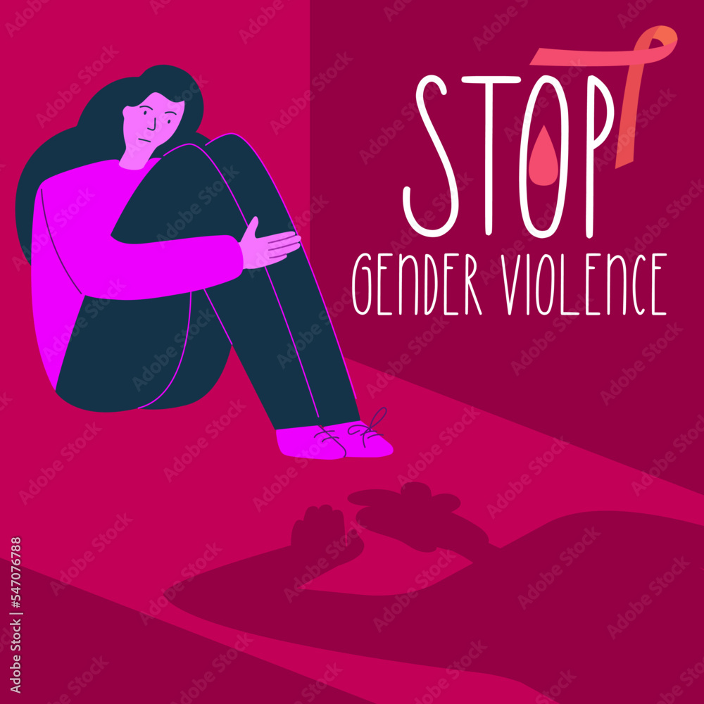 STOP gender violence vector illustration. Woman afraids of a shadow man. Gender based violence ...